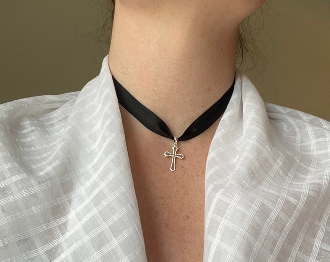 Silver Simple Cross Pendant and Black Silk Neck Ribbon Choker 18th ...