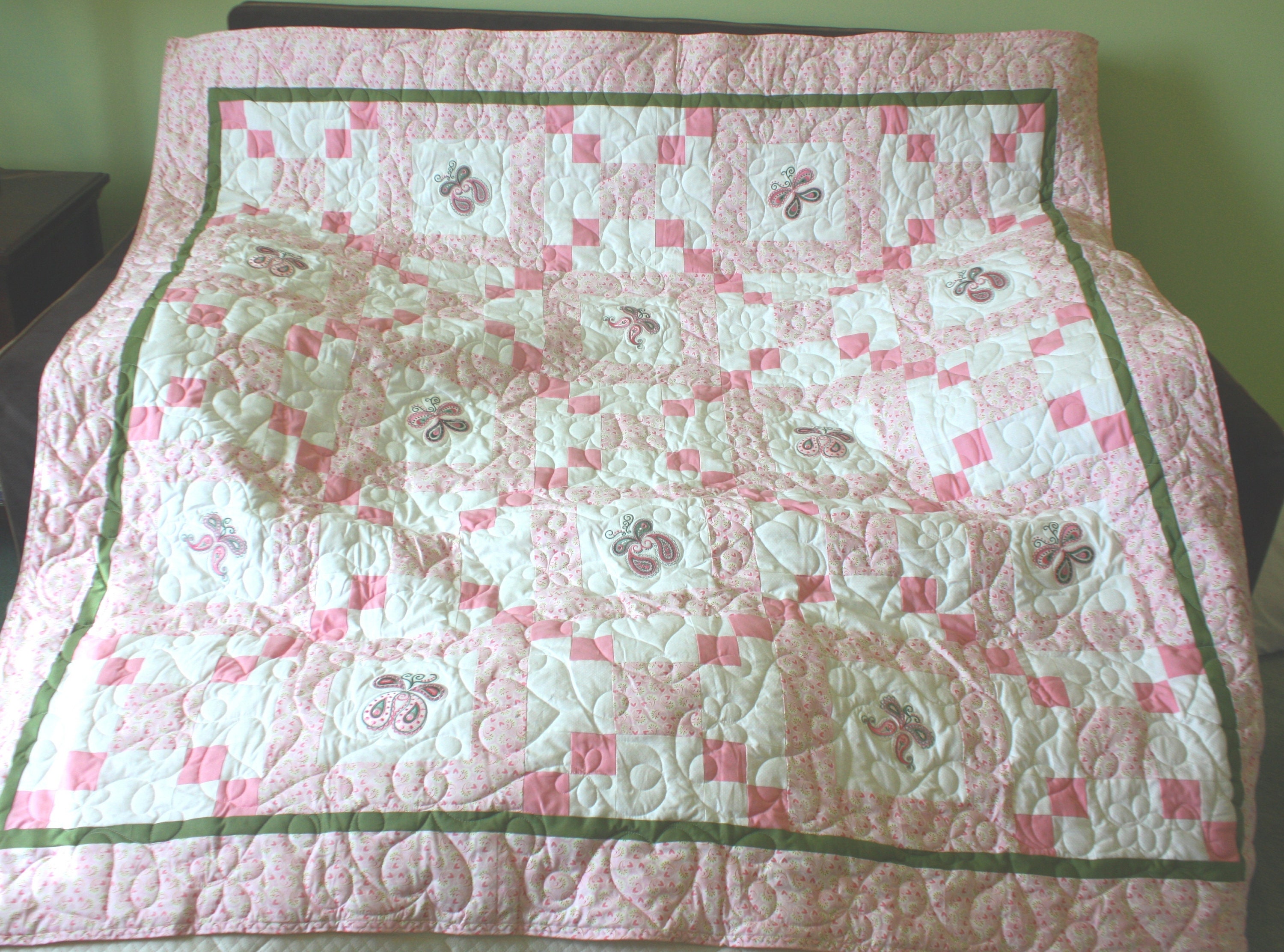 Embroidered Butterfly Quilt in Pink and Green - Etsy