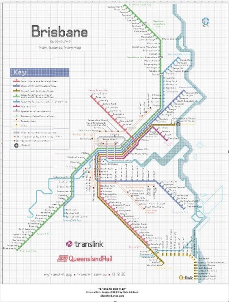 BRISBANE Australia Rail Busway and Tram Map Cross-stitch Pattern PDF ...