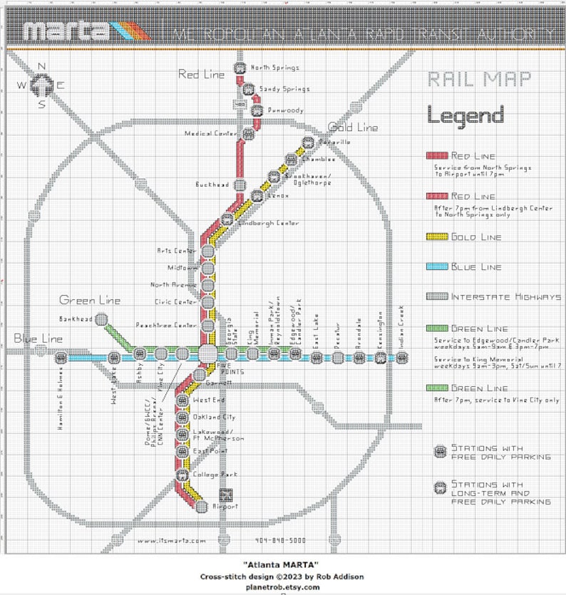Atlanta MARTA Metro Rail Map Cross-stitch Pattern (PDF Download) - Etsy