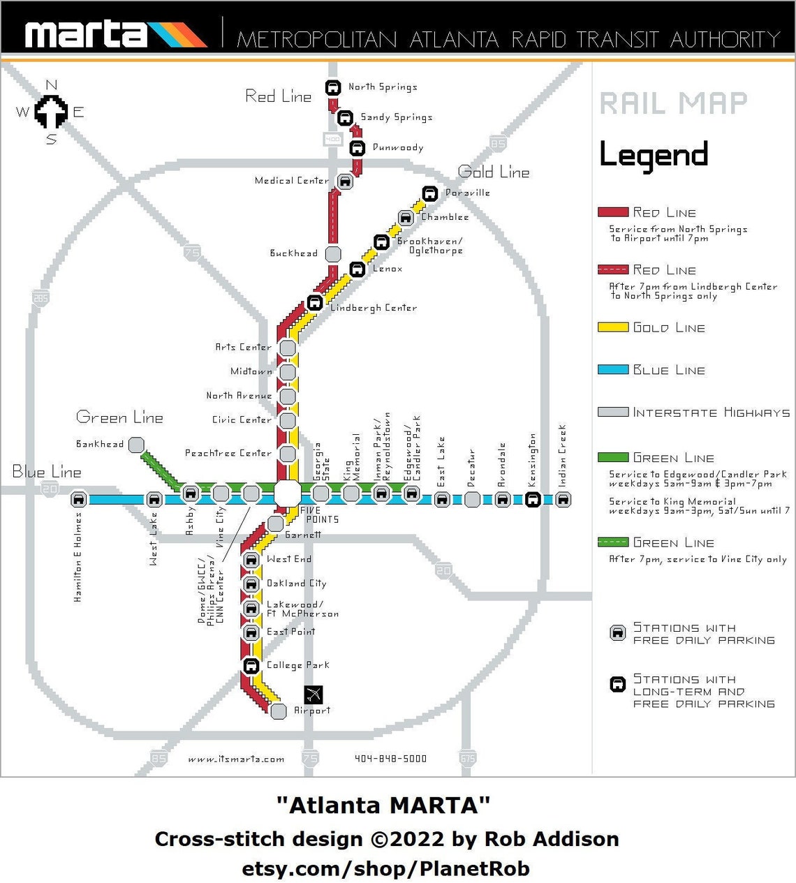 Atlanta MARTA Metro Rail Map Cross-stitch Pattern PDF and GIF - Etsy