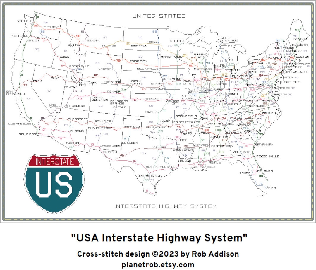 US Interstate Highway Map Cross-stitch Pattern (PDF Download) - Etsy