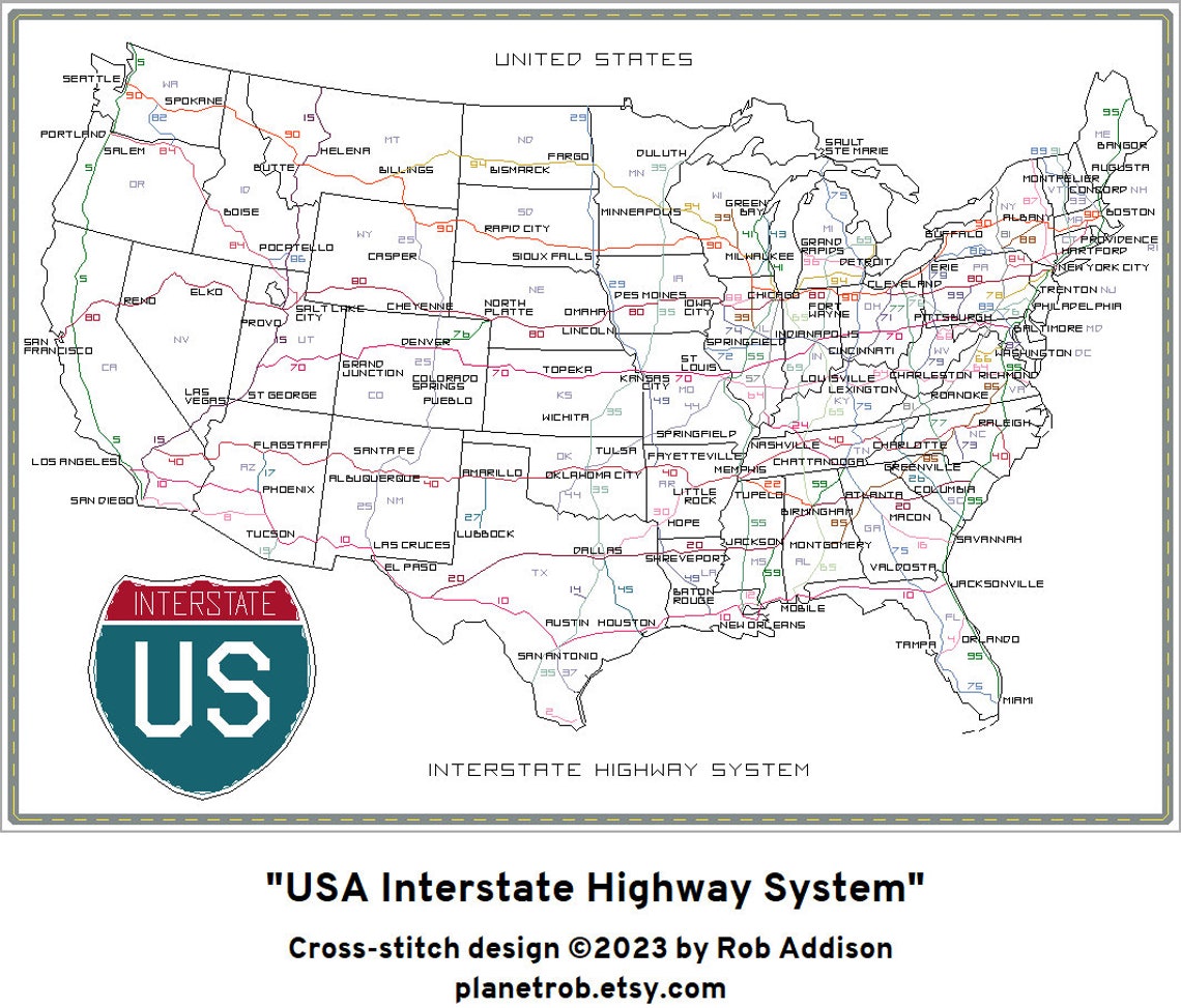 US Interstate Highway Map Cross-stitch Pattern (PDF Download) - Etsy