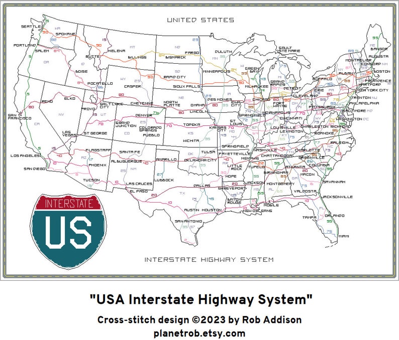 US Interstate Highway Map Cross-stitch Pattern (PDF Download) - Etsy