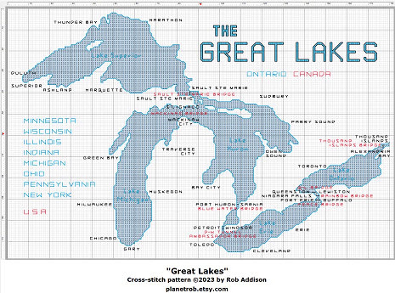 GREAT LAKES Cross-stitch Pattern UPDATED! New Gordie Howe Bridge! Pdf ...
