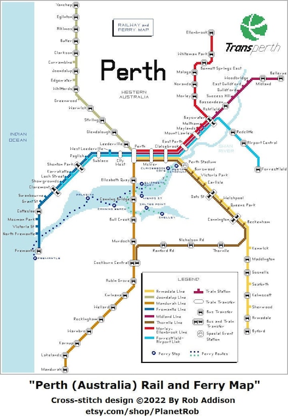 Perth Australia Rail and Ferry Map Cross-stitch Pattern PDF | Etsy ...