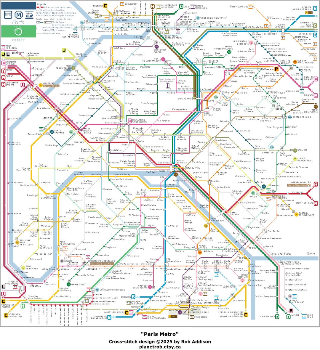 New! Complete! PARIS Metro Map Cross-stitch Pattern | 18 Count | PDF ...