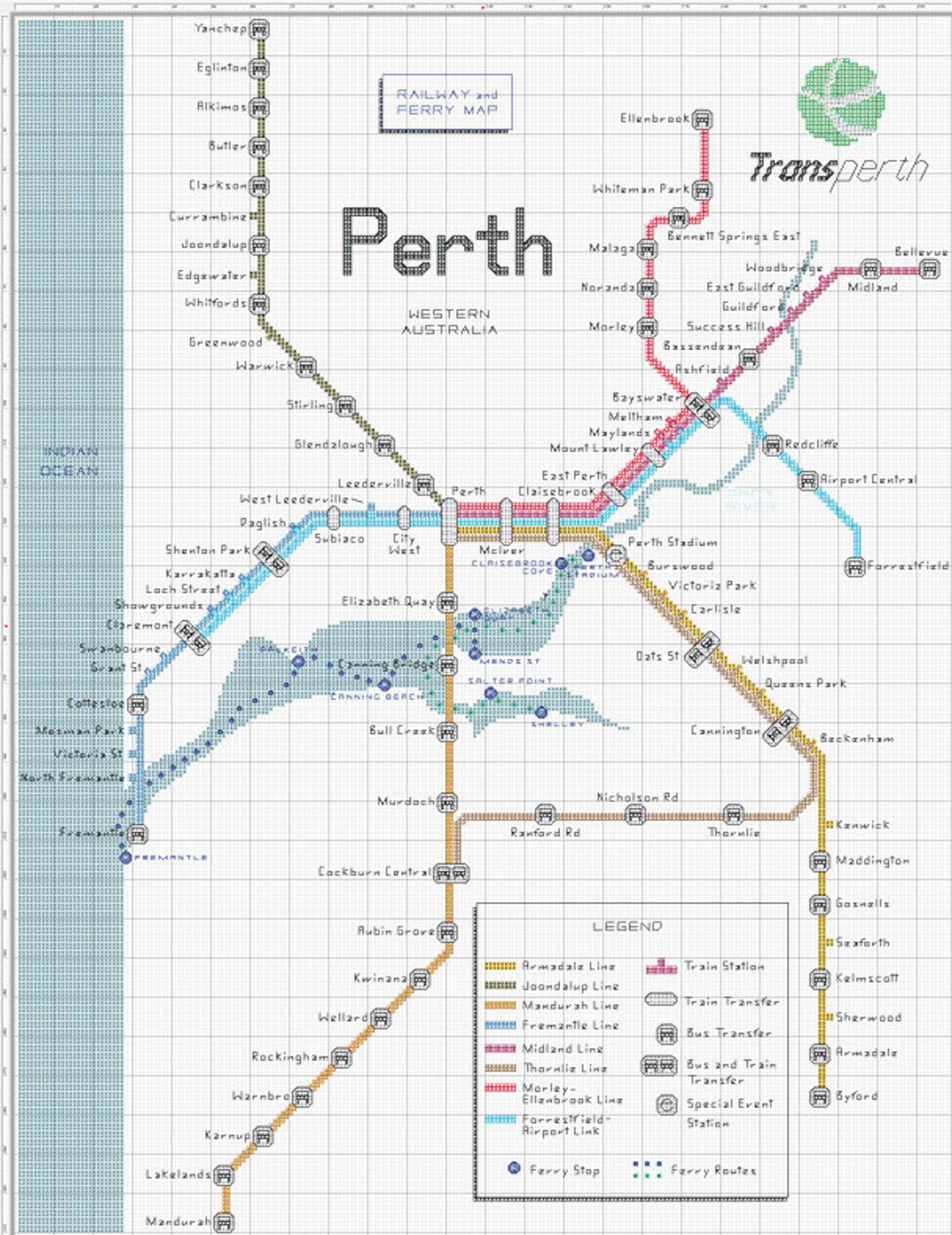 Perth Australia Rail & Ferry Map Cross Stitch Pattern (PDF Download) - Etsy