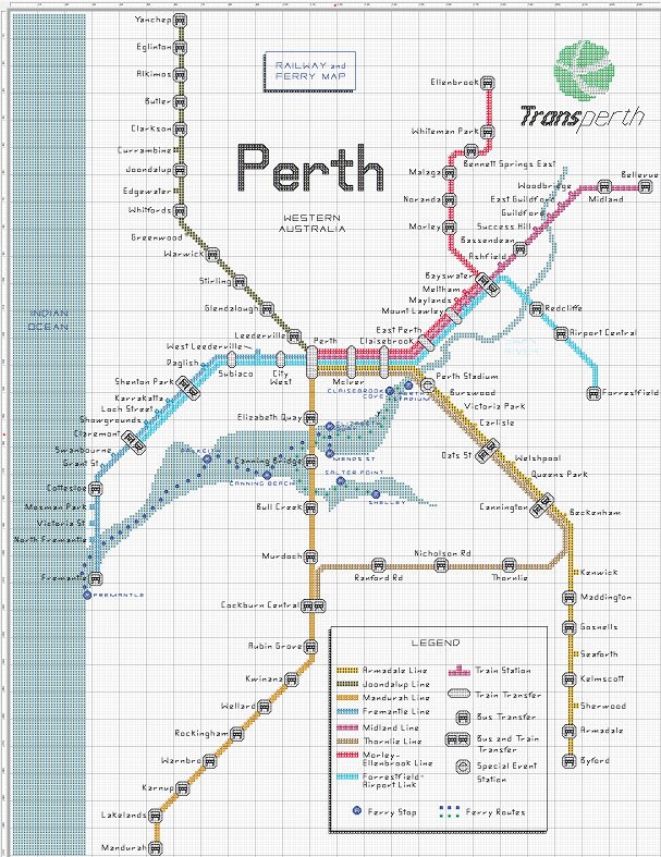 PERTH AUSTRALIA Rail and Ferry Map Cross-stitch Pattern PDF Download ...