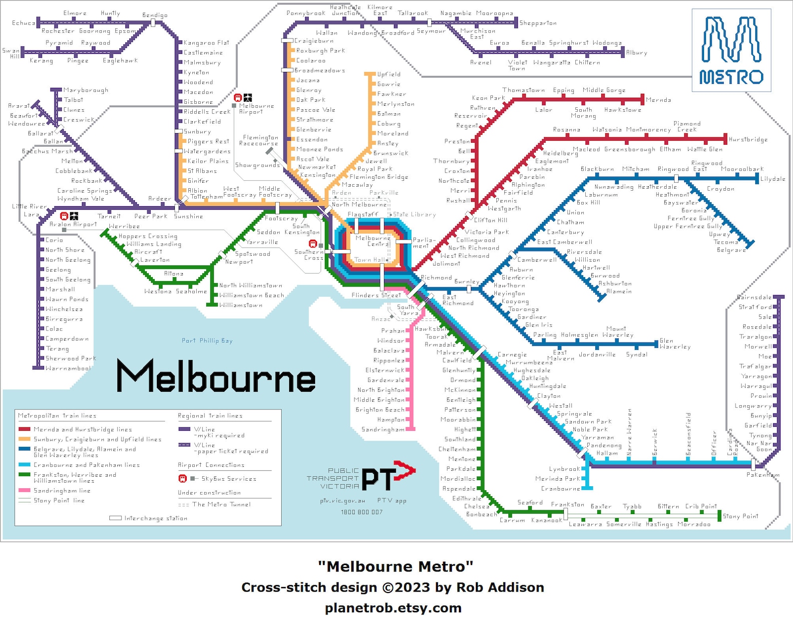 MELBOURNE Australia Metro Map Cross-stitch Pattern PDF Download ...