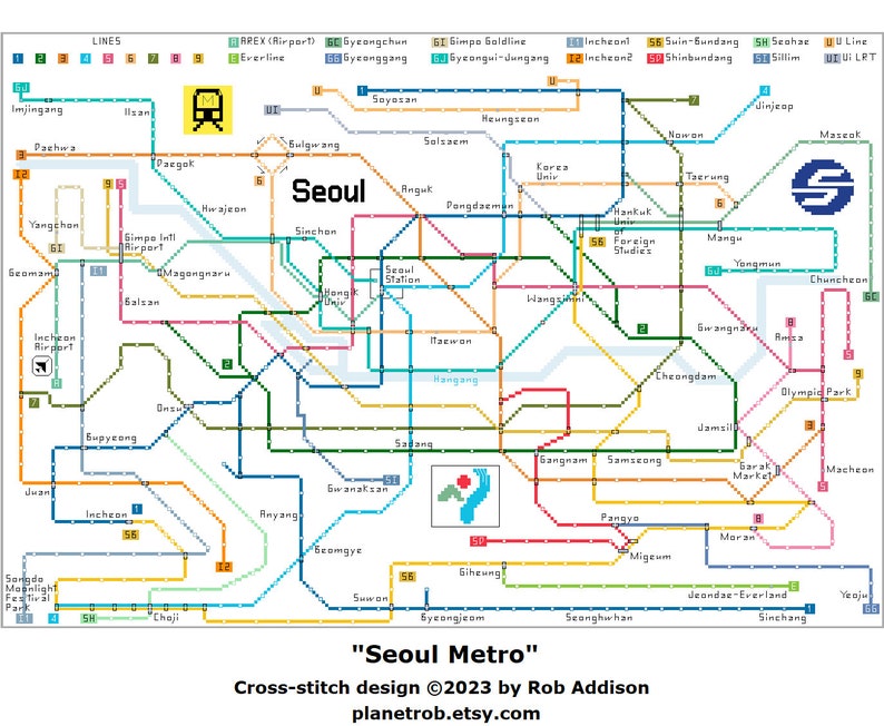 Seoul Metro Map Cross-stitch Pattern: Korea Subway Chart (PDF Download ...