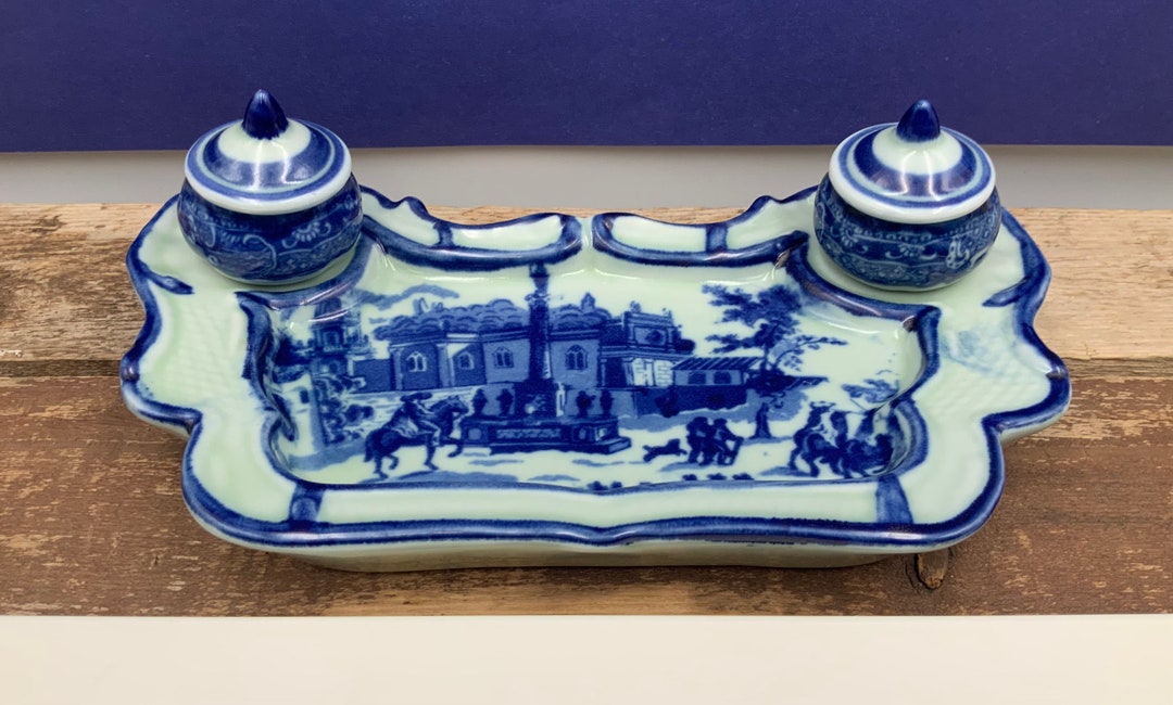 Antique Victoria Ware Delft Blue Ink Tray & Pots W/ Lids - Etsy