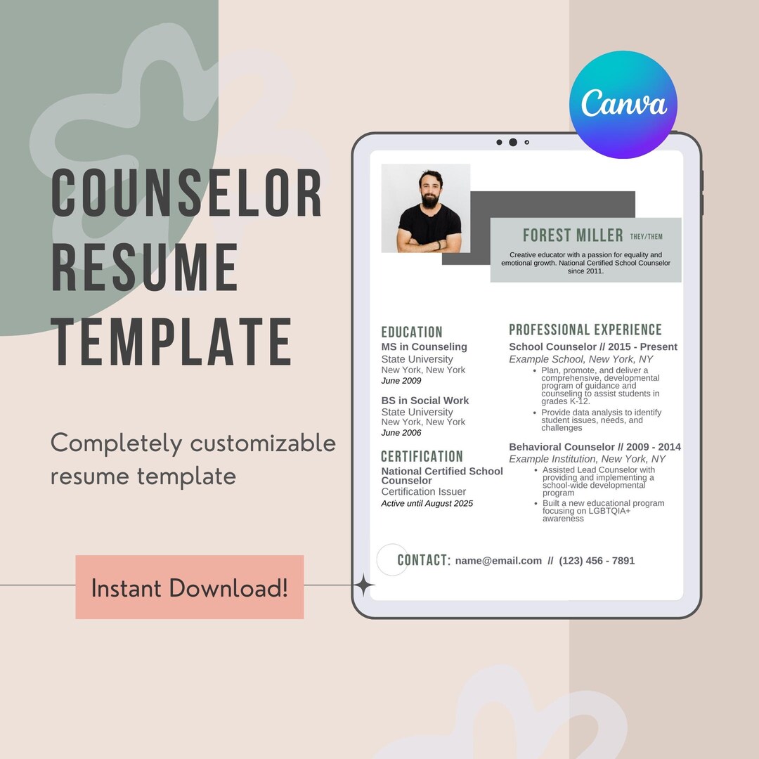 Counselor Resume Template Clean Minimalist Editable in Canva - Etsy