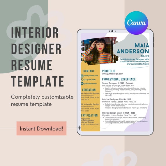 Interior Design Resume Template Colorful Design Editable in - Etsy