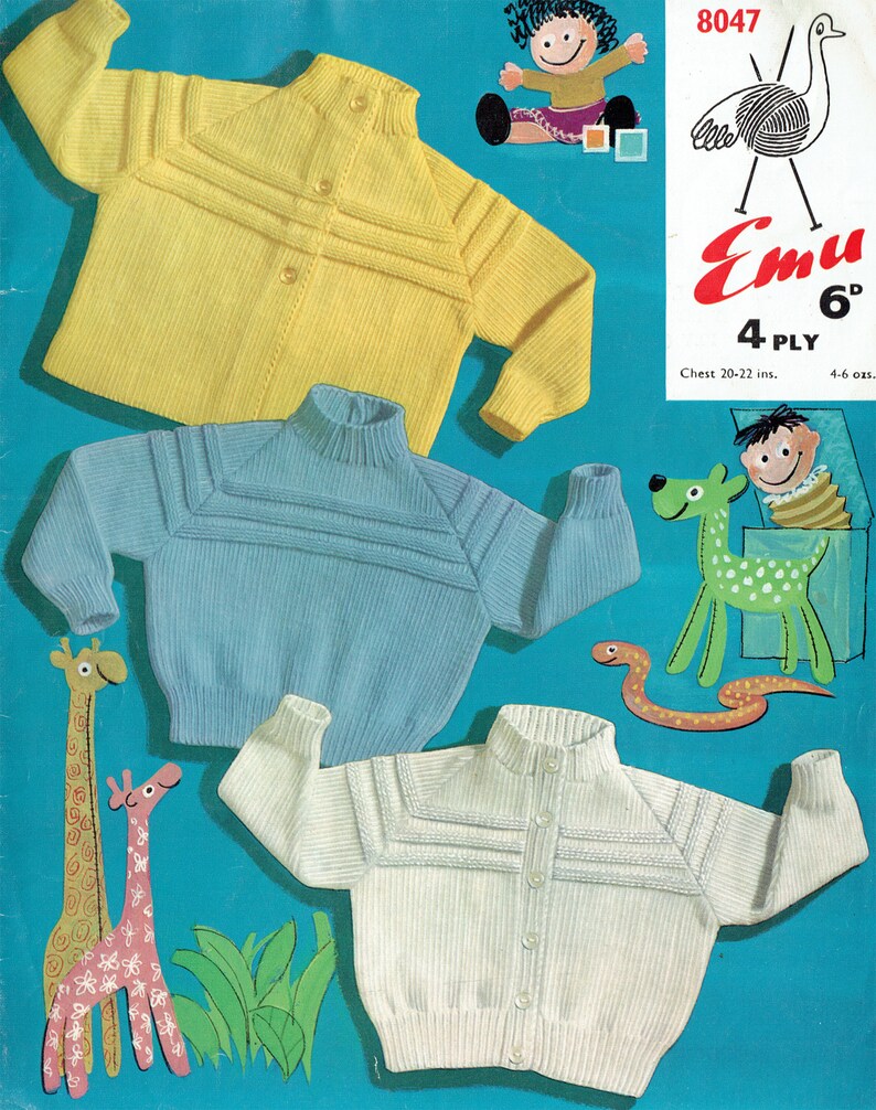 PDF Vintage Baby Knitting Pattern Emu 8047 Cardigan Sweater Funnel Neck ...
