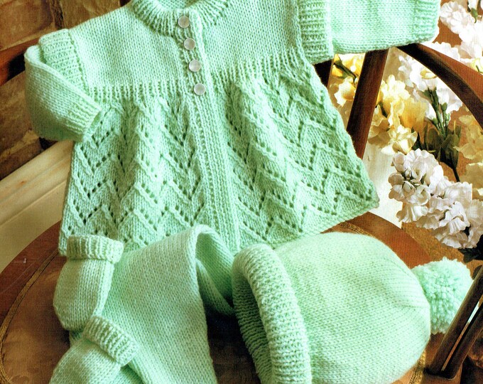 PDF Baby Knitting Pattern, Layette Pram Set Matinee Coat, Bobble Hat ...