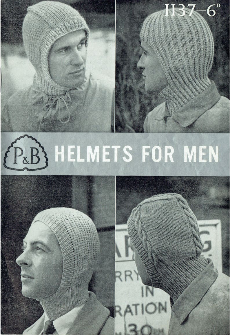 PDF Vintage 1950s Knitting Pattern Mens Helmet Balaclava P & B Patons ...