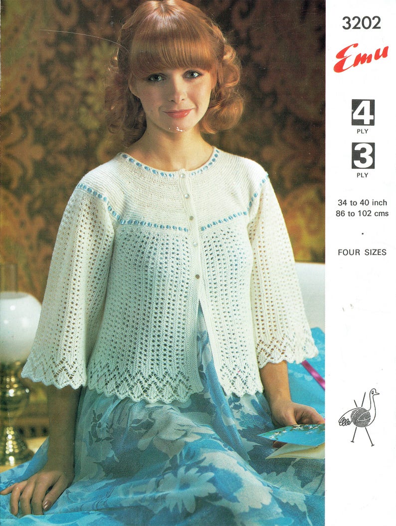 PDF 1970s Ladies Womens Bed Jacket Knitting Pattern Emu 3202 Sex Kitten Like Crochet Lacy Baby ...