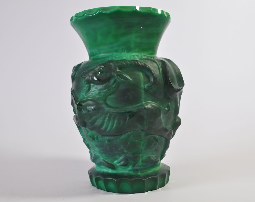 Vintage Czech Barolac Malachite Glass Capricorn Goat Vase 561 - Etsy