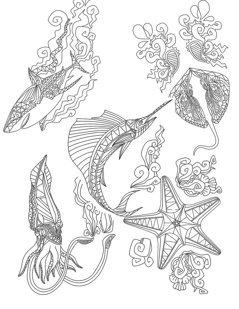 20 Unique Marine Life Adult Coloring Pages Instant PDF Download ...