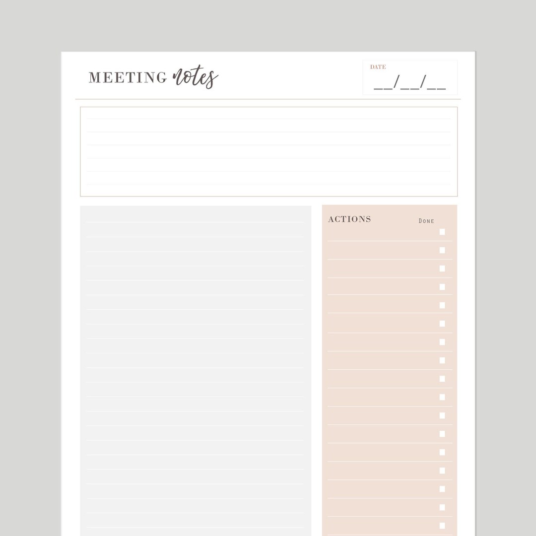 Meeting Notes | Actions List | Planning | Digital PDF | Printable ...