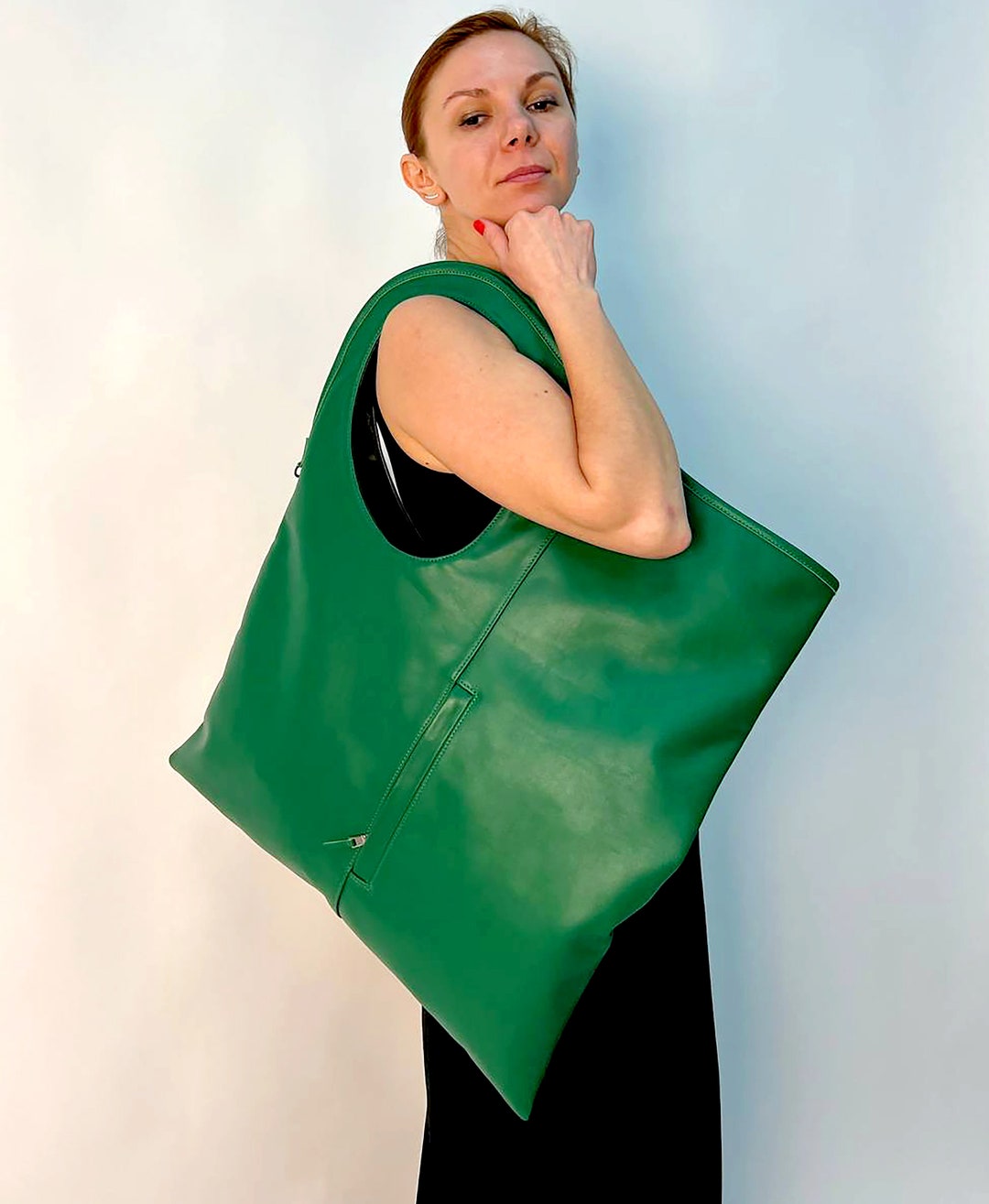 Green Leather Shoulder Bag Asymmetrical Purse Oversized Hobo Bag Bright ...