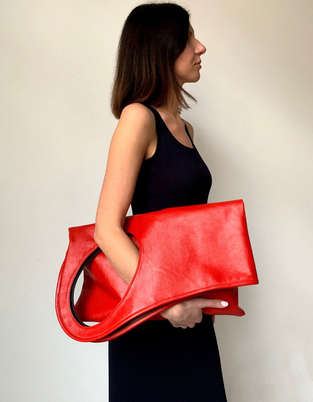 Oversized Shopper Fold Over Clutch Bag Unique Shoulder Bag Red Leather ...