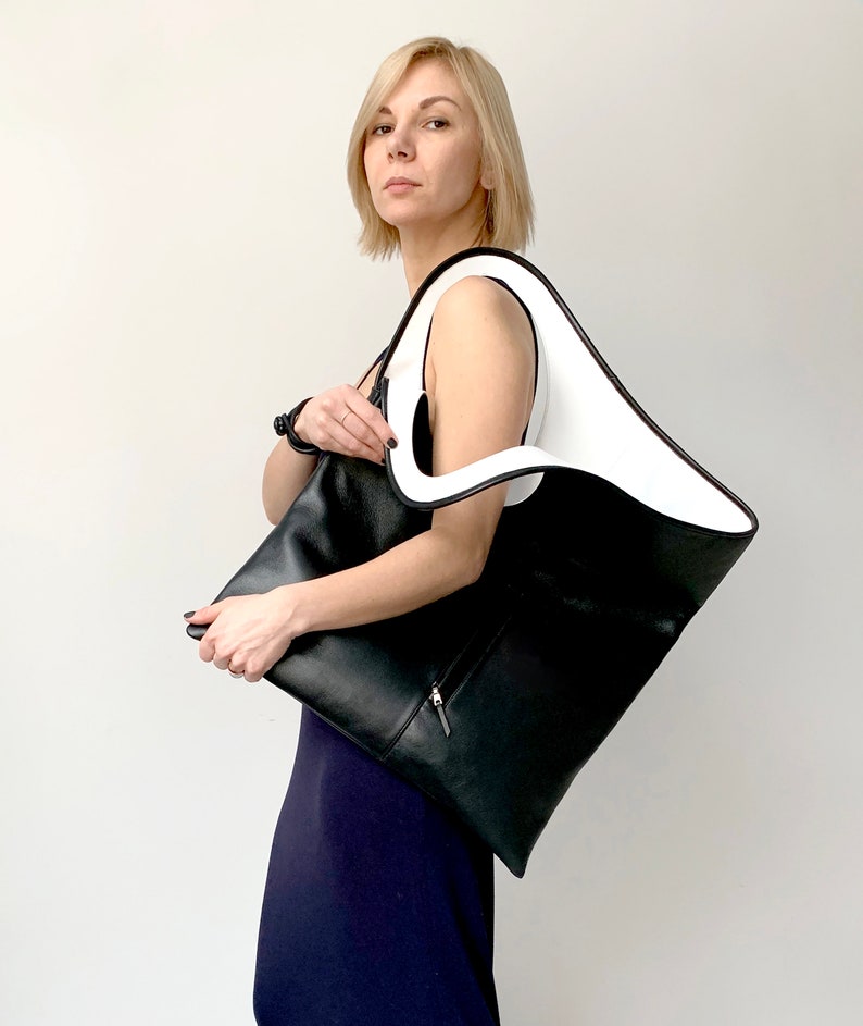 Extra Large Leather Hobo Bag: Black & Red Asymmetrical Shoulder Purse ...