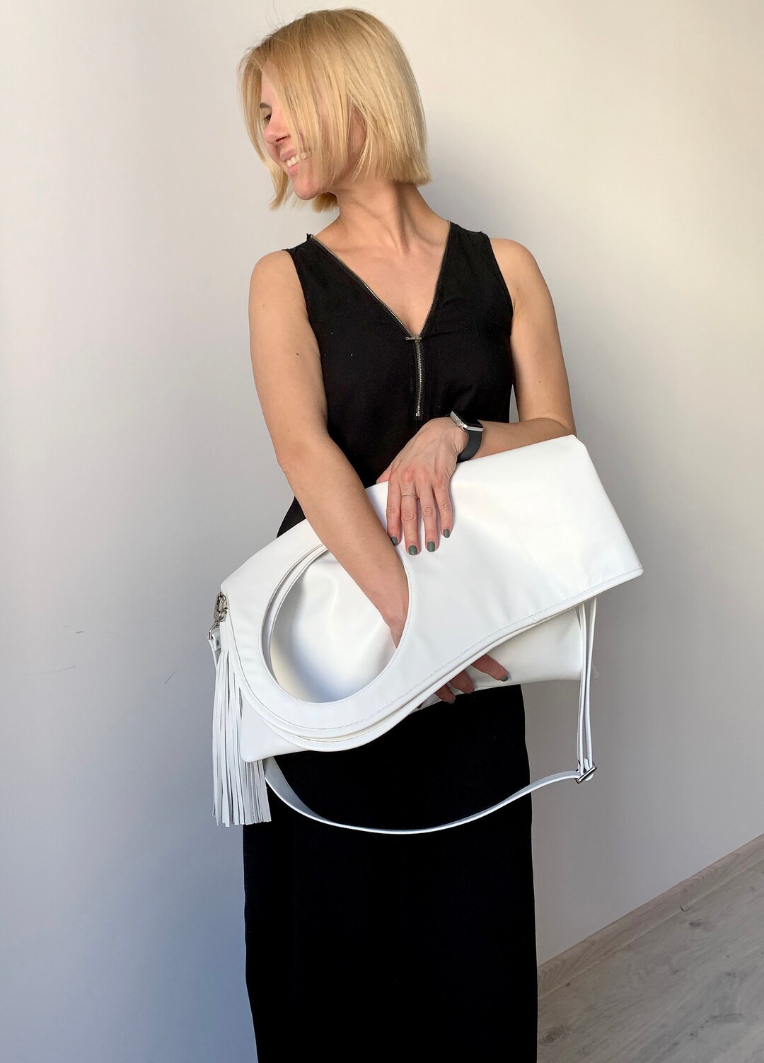 White Crossbody Bag With Tassel Fold Over Purse Extra Large Shoulder ...