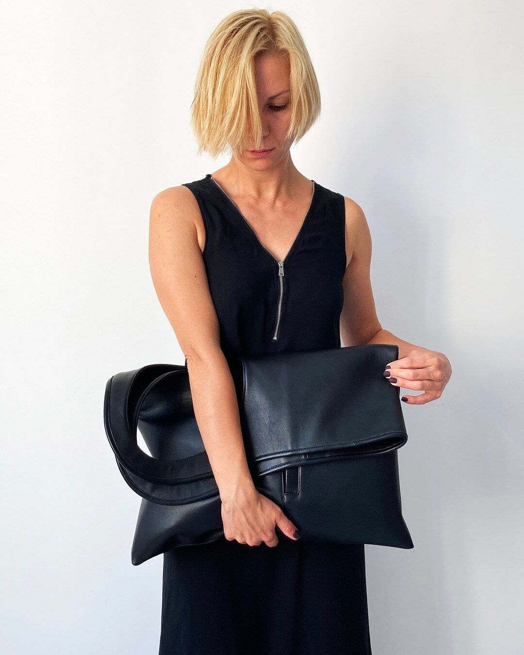 Oversized Leather Clutch Foldover Bag Black Leather Purse - Etsy