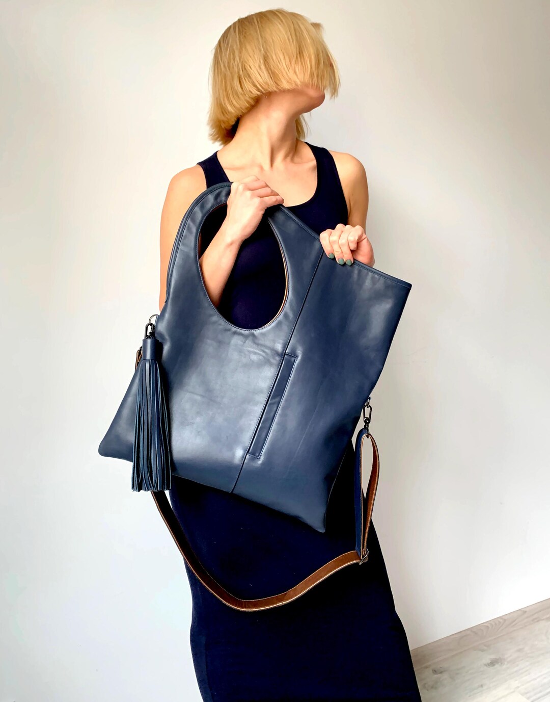 Navy Blue Hobo Purse: Extra Large Designer Shoulder Bag Genuine Leather ...