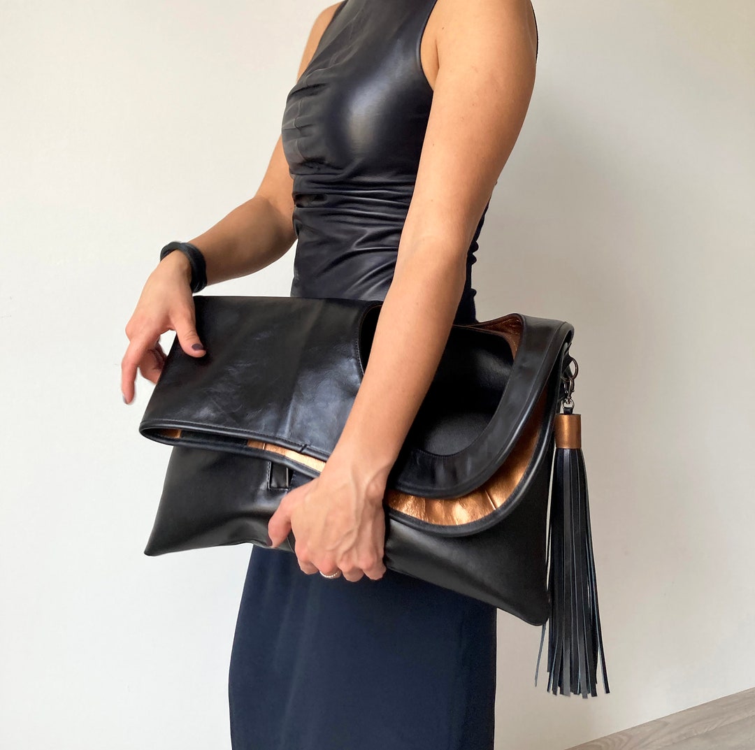 Oversized Clutch Purse Soft Leather Handbag With Tassel Black And Oversized Clutch Purse Soft Leather Handbag With Tassel Black And