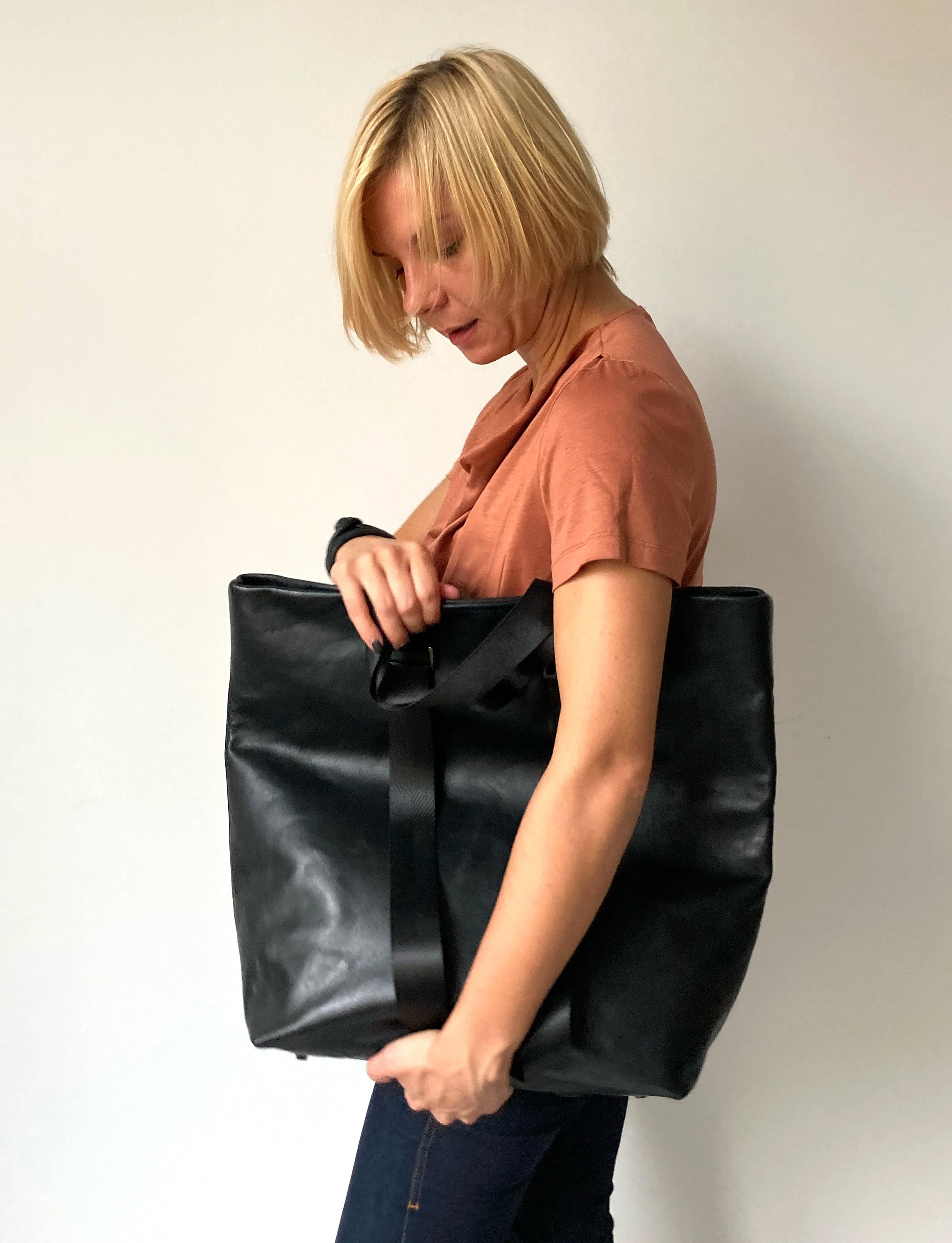 Oversized shopper bag Genuine leather tote bag for women Black | Etsy