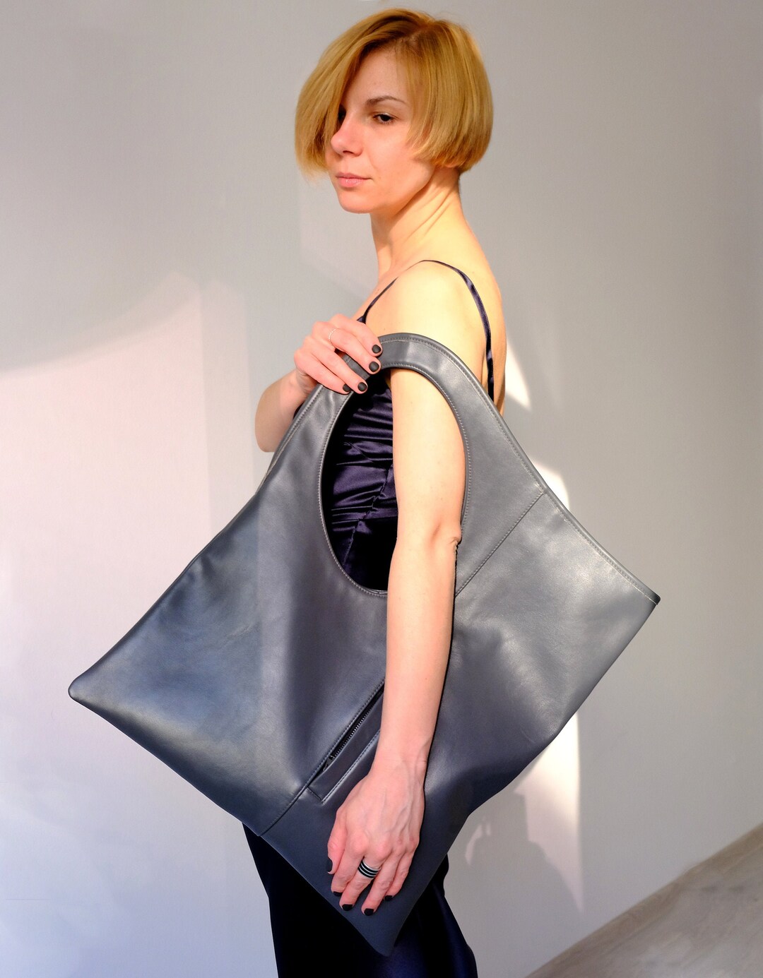 Oversized Hobo Bag Grey Leather Tote Large Shoulder Purse for Women ...