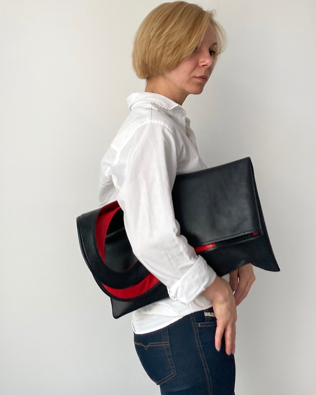 Large Clutch Bag Black and Red Purse Foldover Handbag Oversized Leather ...