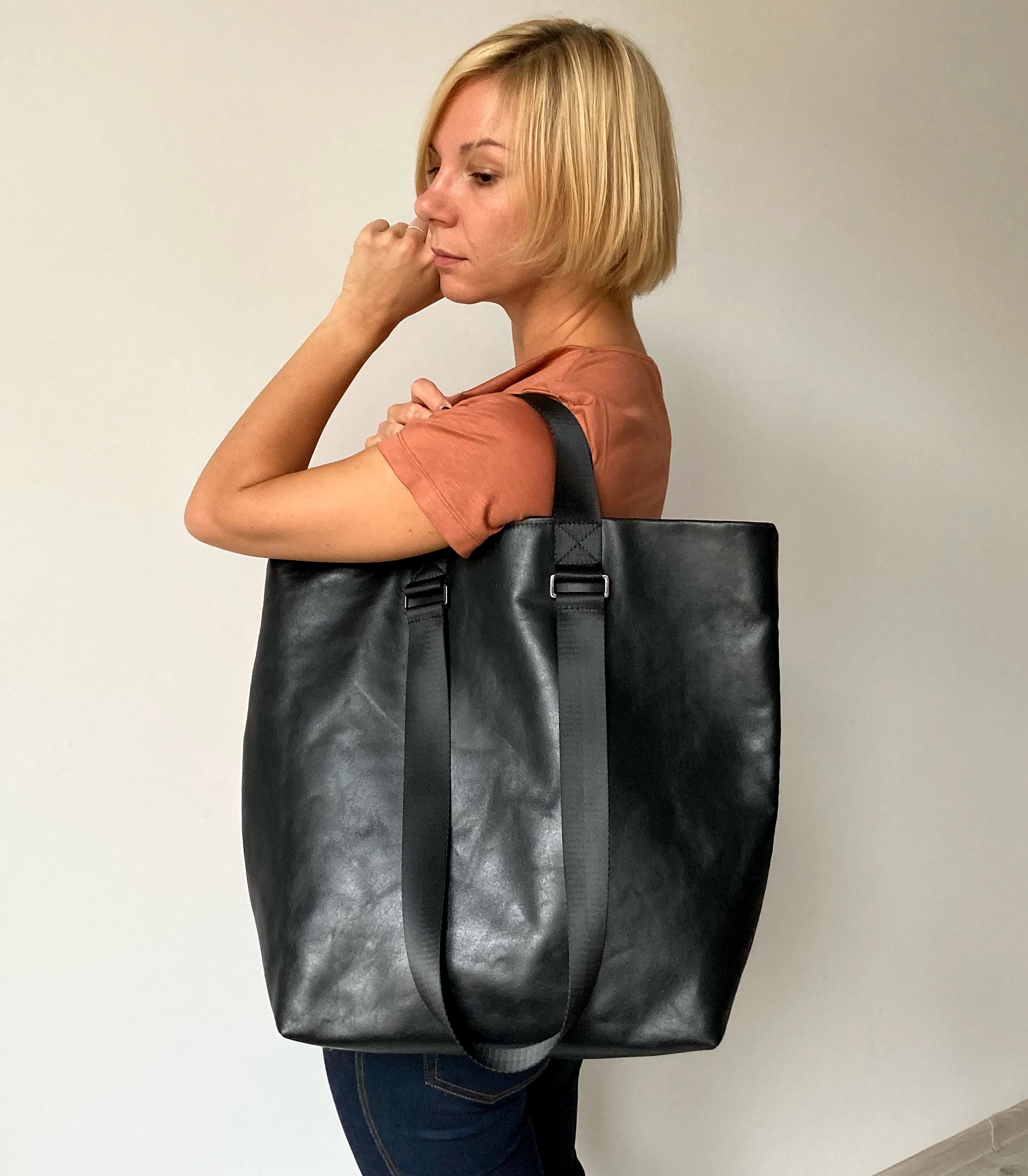 Oversized shopper bag Genuine leather tote bag for women Black | Etsy