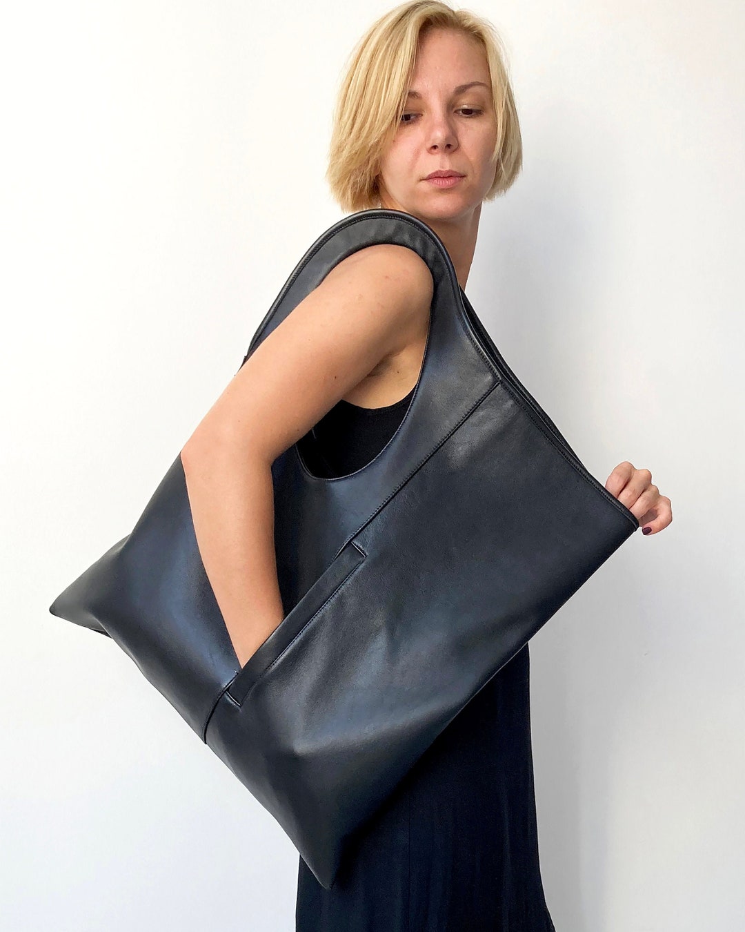 Extra Large Black Leather Shoulder Bag Armhole Handle Handbag Women ...