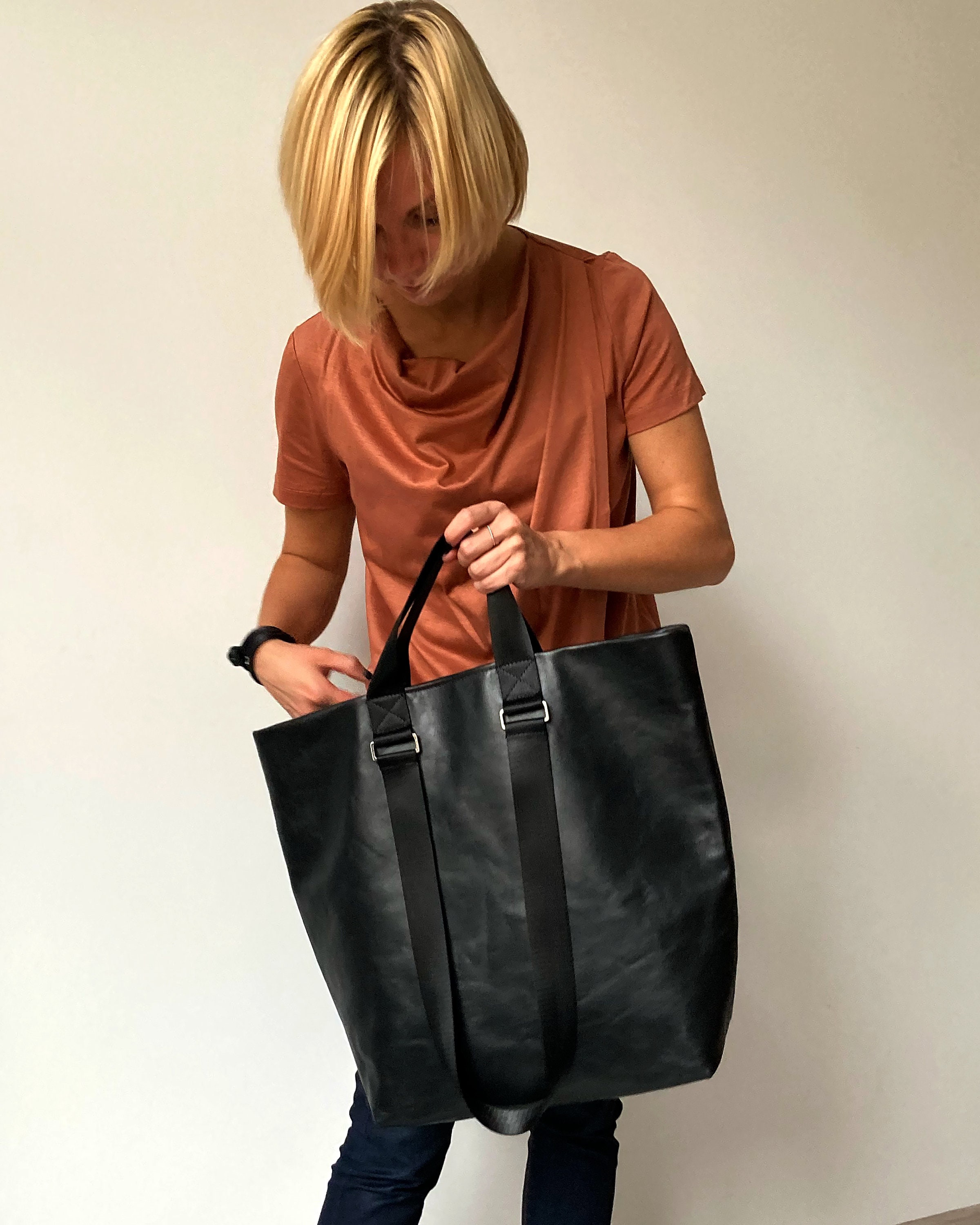 Oversized shopper bag Genuine leather tote bag for women Black | Etsy