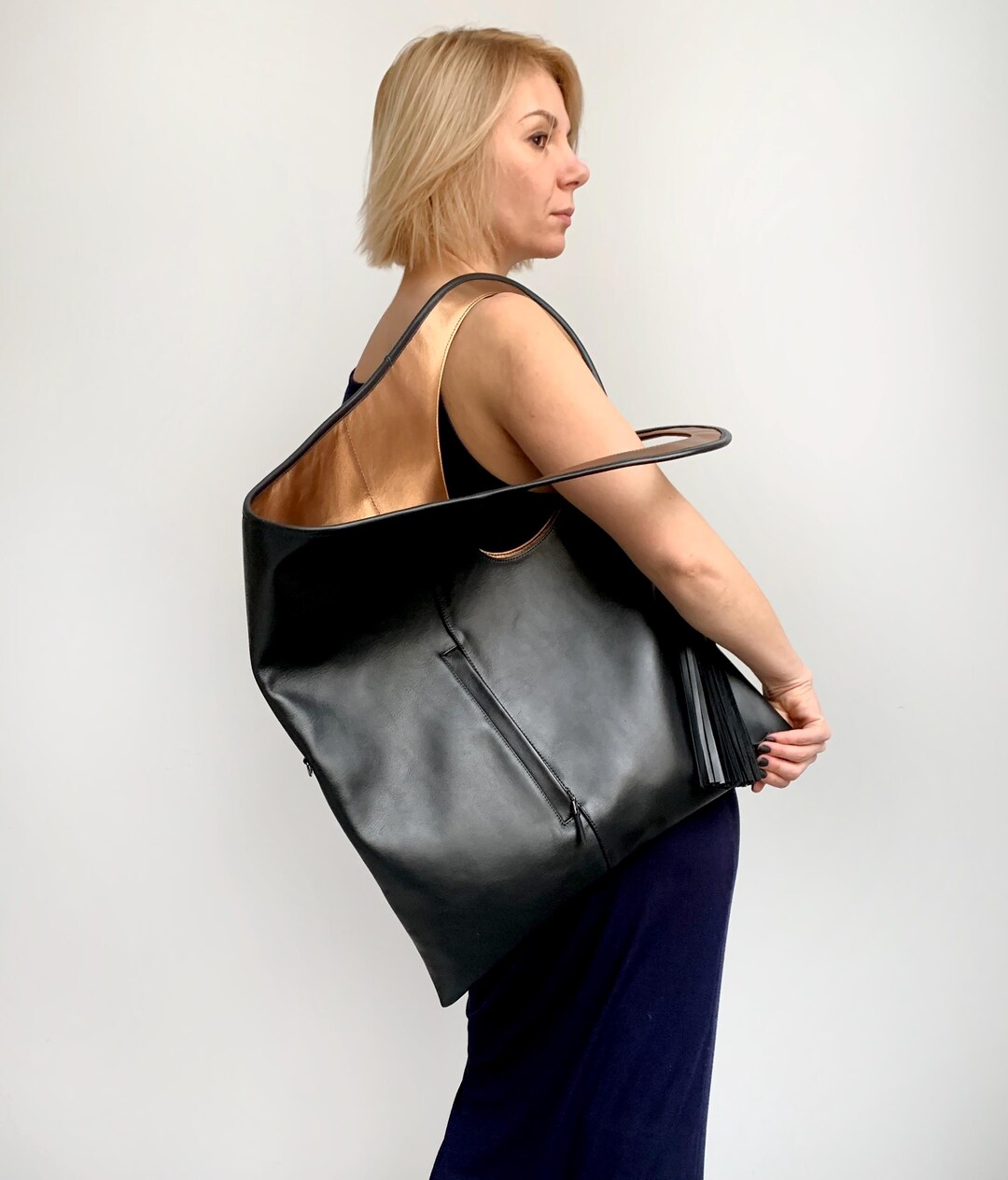 Oversized Black Leather Shopper Purse With Bronze Interior Asymmetrical ...