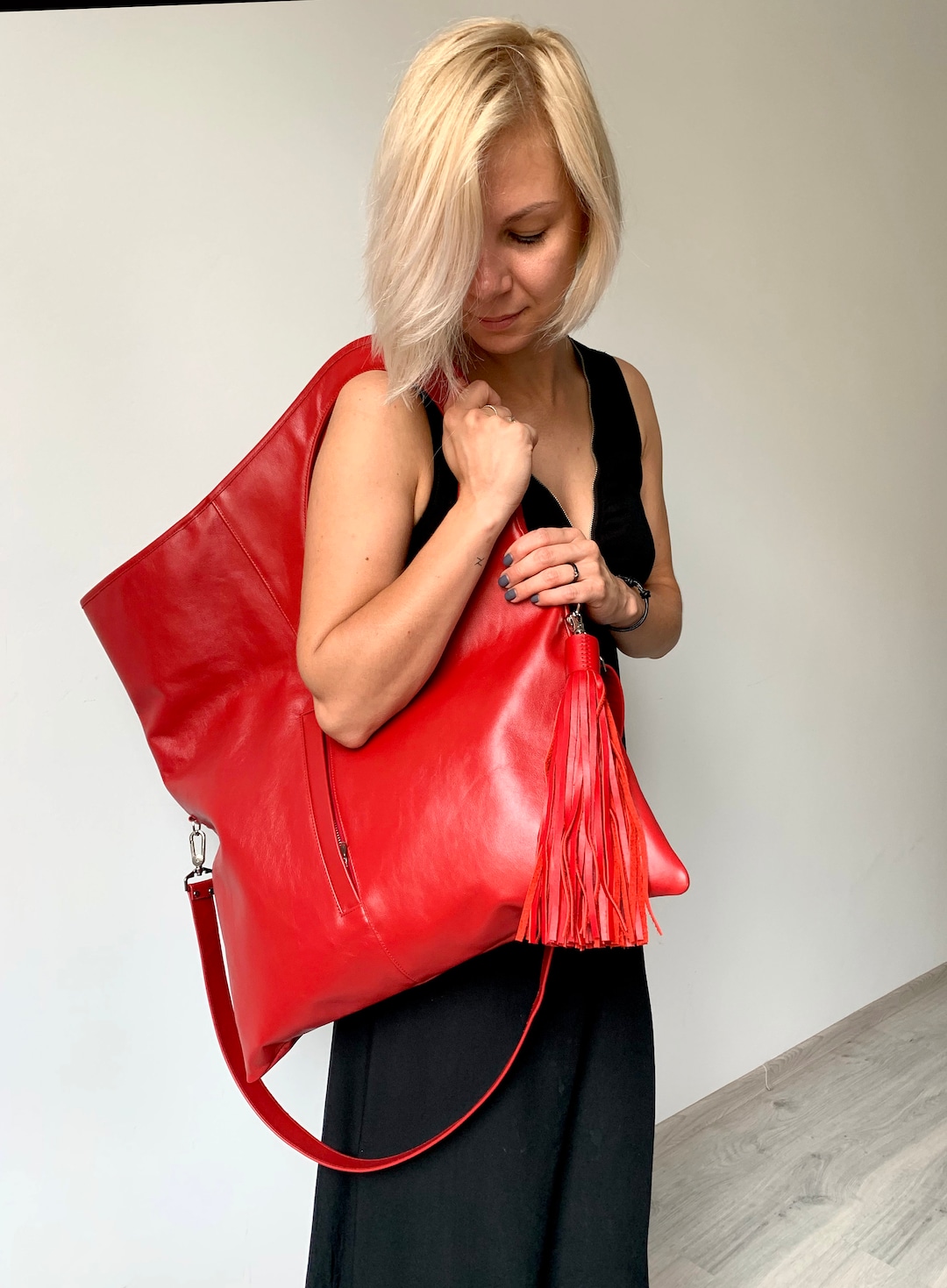 Red Leather Hobo Bag Oversized Shoulder Bag Genuine Leather Purse Unique Handbags for Women Big ...