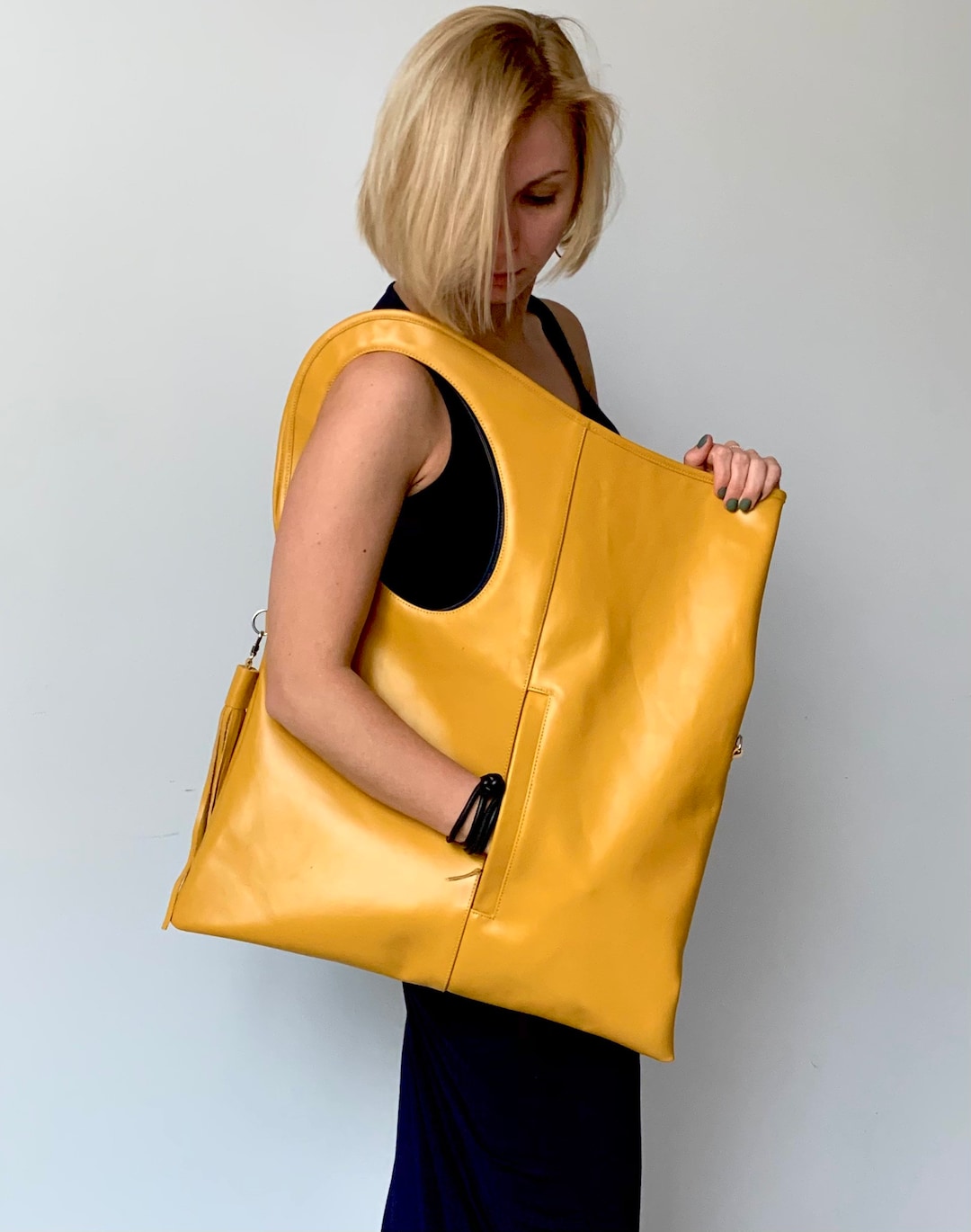 Mustard Leather Tote Unique Leather Slouchy Handbag Oversized Hobo Bag ...
