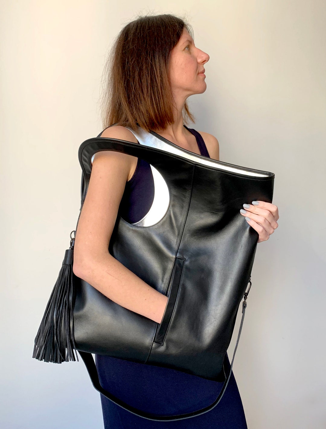 Black and Silver Hobo Bag for Women Extra Large Tote Unique Shopper ...