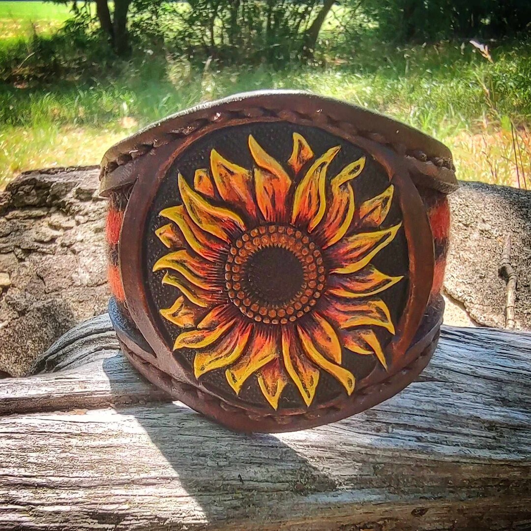 Hand Tooled Leather Sunflower Cuff With Pendleton Wool Inlay: Rustic ...