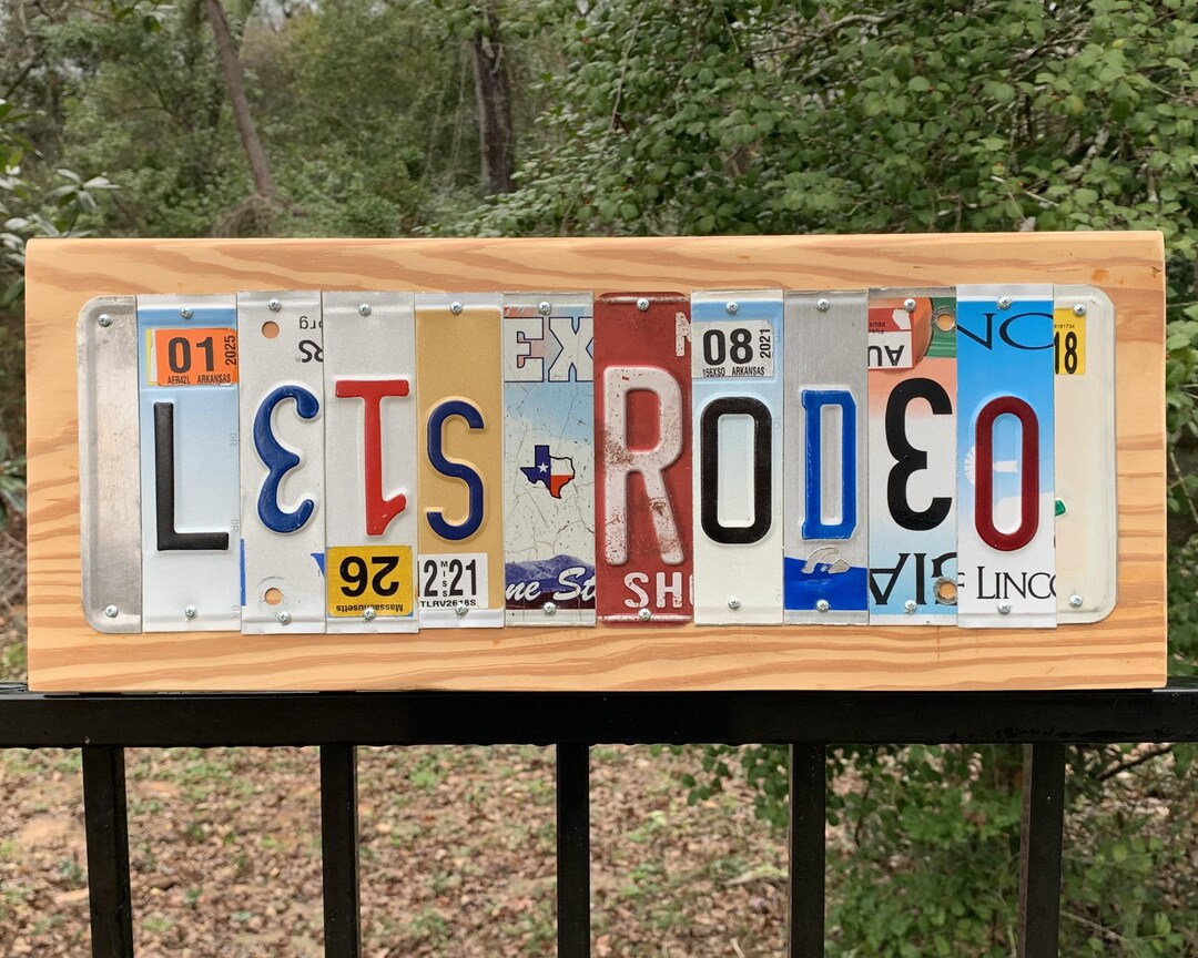 LETS RODEO - Custom License Plate Sign, Vintage Wood Sign, Bar Decor ...