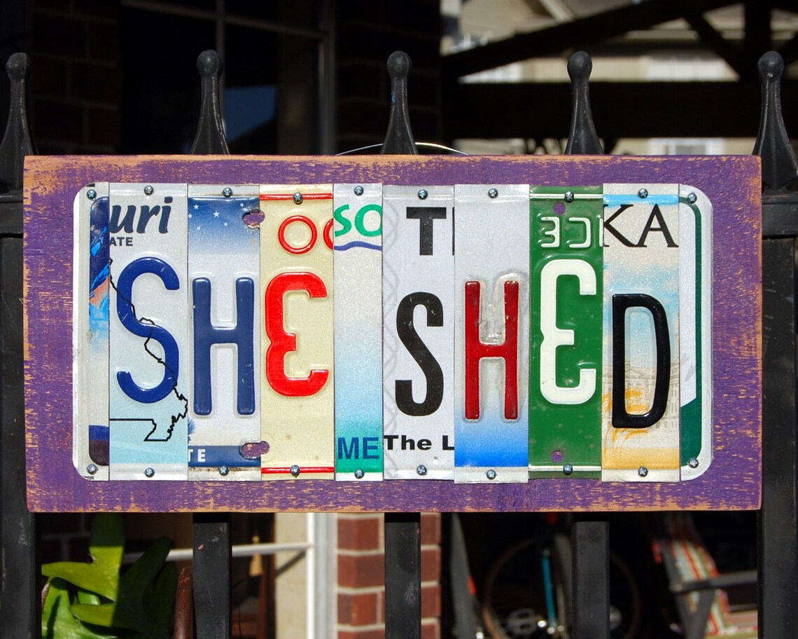 SHE SHED Custom License Plate Signs, Vintage Wood Sign, Mothers Day ...
