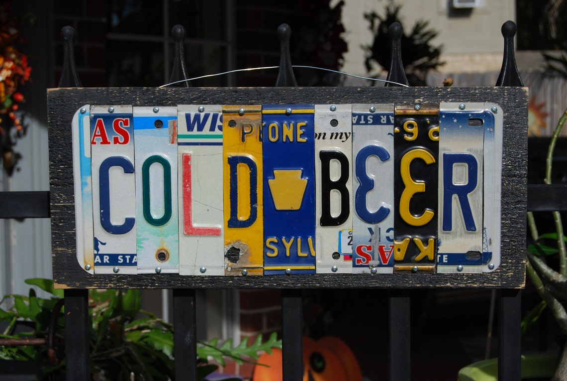 COLD BEER / Bar Decor, Rustic License Plate Sign, Happy Hour, Porch ...