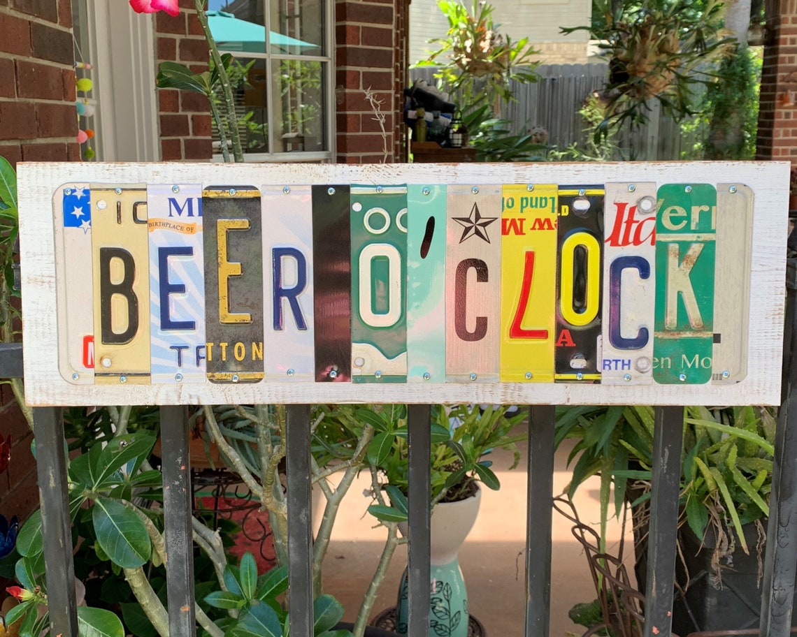 BEER O'CLOCK - License Plate Sign, Man Cave, Garage Sign, Wood Vintage ...