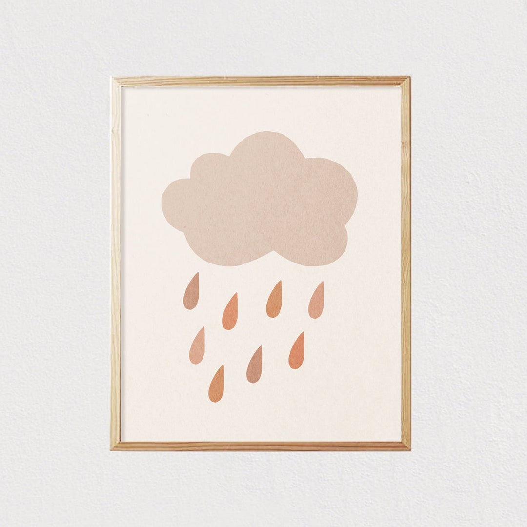 Cloud Rain Drops Illustration Art - Neutral Boho Kids Art - Earth Tones ...