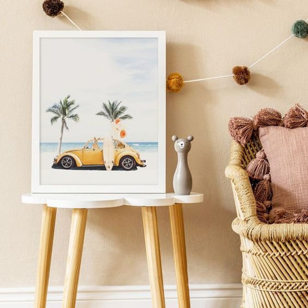 Neutral Beach Art Animals Kangaroo Palms Yellow Retro Car Art Print ...