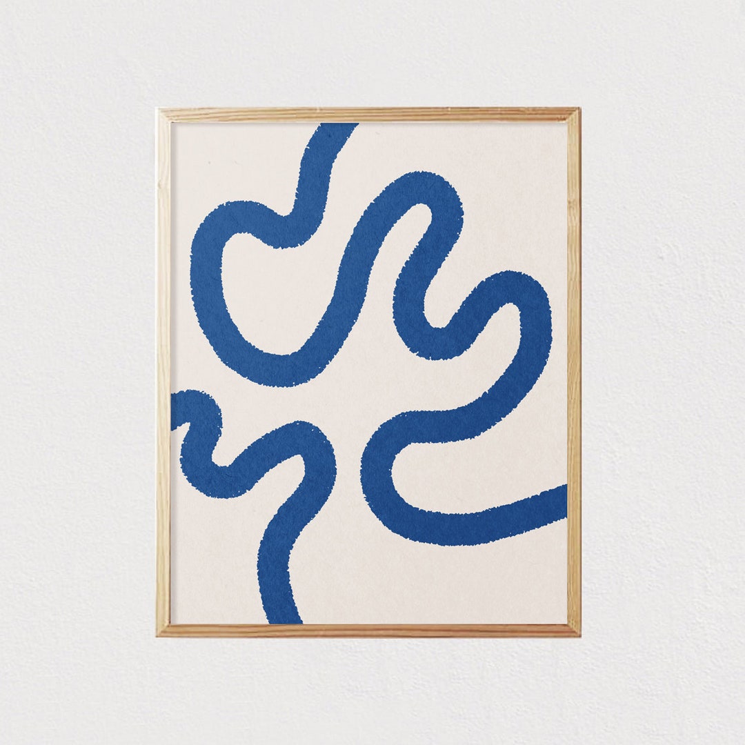 Abstract Blue Line Art Shapes Neutral Print - Mid Century Modern Wall ...